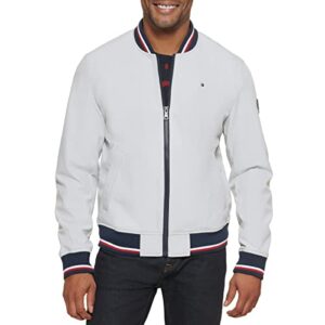 tommy hilfiger men's lightweight varsity rib knit bomber jacket, ice soft shell, medium