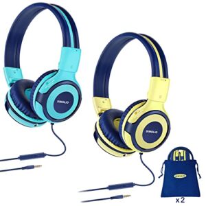 2 pack of simolio foldable kids headphone with mic & 75db, 85db, 94db volume limited, children headphones for girls,boys,on-ear kids headphones for school,travel(mint,yellow)