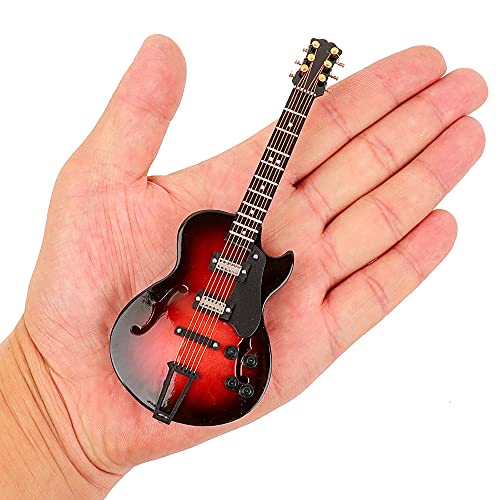 Dselvgvu Wooden Miniature Electric Guitar with Stand and Case Mini Musical Instrument Miniature Replica Dollhouse Model Birthday Home Decor (5.57"x2.09"x0.82")