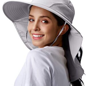 Camptrace Wide Brim UPF 50+ UV Protection Sun Hats Hiking Fishing Gardening Hats with Large Neck Flap for Womens Mens Nylon, Light Grey