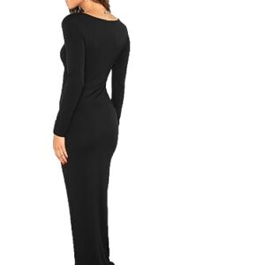 Verdusa Women's Long Sleeve Square Neck Bodycon Maxi Long Dress Black L