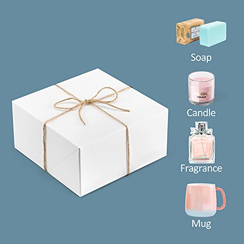 ValBox Premium Gift Boxes 10 Pack 8 x 8 x 4 White Paper Gift Boxes with 20 Meters Hemp Rope for Christmas Gifts, Bridesmaid Proposal Boxes, Easy Assemble Boxes