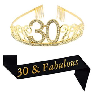 30th brithday gold tiara and sash, glitter satin 30 & fabulous sash and crystal rhinestone birthday crown for happy 30th birthday party supplies favors decorations 30th birthday cake topper