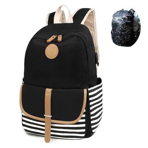 SCIONE Backpacks for Women Teen Girls,Large Capacity Book Bag with USB Charger Port,Cute Lightweight Canvas Bookpack -Durable Black Stripe Backpack,Travel Laptop Backpack,Back to School Gift for Girls