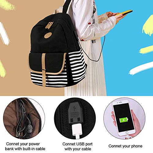 SCIONE Backpacks for Women Teen Girls,Large Capacity Book Bag with USB Charger Port,Cute Lightweight Canvas Bookpack -Durable Black Stripe Backpack,Travel Laptop Backpack,Back to School Gift for Girls