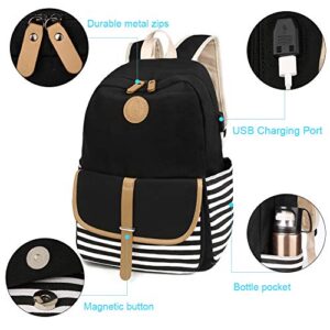 SCIONE Backpacks for Women Teen Girls,Large Capacity Book Bag with USB Charger Port,Cute Lightweight Canvas Bookpack -Durable Black Stripe Backpack,Travel Laptop Backpack,Back to School Gift for Girls