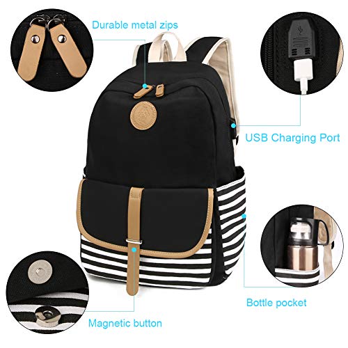 SCIONE Backpacks for Women Teen Girls,Large Capacity Book Bag with USB Charger Port,Cute Lightweight Canvas Bookpack -Durable Black Stripe Backpack,Travel Laptop Backpack,Back to School Gift for Girls