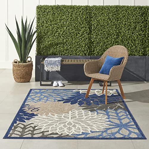 Nourison Aloha Indoor/Outdoor Blue/Multicolor 5'3" x 7'5" Area-Rug, Tropical, Botanical, Easy-Cleaning, Non Shedding, Bed Room, Living Room, Dining Room, Deck, Backyard, Patio (5x7)