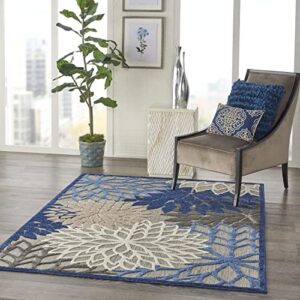 Nourison Aloha Indoor/Outdoor Blue/Multicolor 5'3" x 7'5" Area-Rug, Tropical, Botanical, Easy-Cleaning, Non Shedding, Bed Room, Living Room, Dining Room, Deck, Backyard, Patio (5x7)