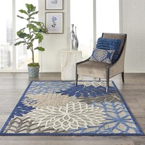 Nourison Aloha Indoor/Outdoor Blue/Multicolor 5'3" x 7'5" Area-Rug, Tropical, Botanical, Easy-Cleaning, Non Shedding, Bed Room, Living Room, Dining Room, Deck, Backyard, Patio (5x7)