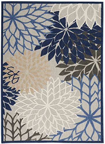 Nourison Aloha Indoor/Outdoor Blue/Multicolor 5'3" x 7'5" Area-Rug, Tropical, Botanical, Easy-Cleaning, Non Shedding, Bed Room, Living Room, Dining Room, Deck, Backyard, Patio (5x7)