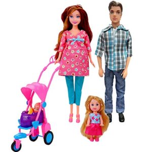 liberty imports happy family welcome baby 11.5-inch pregnant doll toy husband & wife with daughter, newborn, stroller and accessories playset (22 pieces)