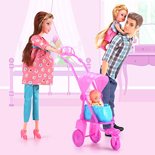 Liberty Imports Happy Family Welcome Baby 11.5-Inch Pregnant Doll Toy Husband & Wife with Daughter, Newborn, Stroller and Accessories Playset (22 Pieces)