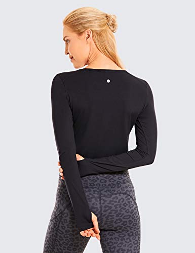 CRZ YOGA Long Sleeve Crop Tops for Women Workout Cropped Top Yoga Slim Fit Athletic Gym Shirts with Thumb Hole Black Medium