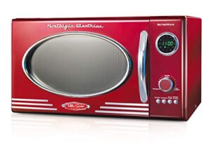 nostalgia rmo4rr retro large 0.9 cu ft, 800-watt countertop microwave oven, 12 pre-programmed cooking settings, digital clock, easy clean interior, metallic red