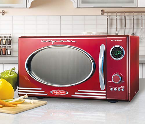 Nostalgia RMO4RR Retro Large 0.9 cu ft, 800-Watt Countertop Microwave Oven, 12 Pre-Programmed Cooking Settings, Digital Clock, Easy Clean Interior, Metallic Red