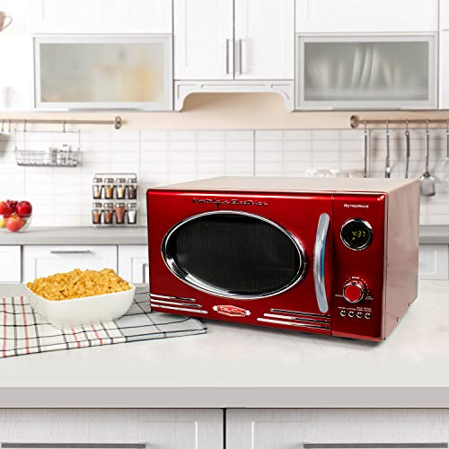 Nostalgia RMO4RR Retro Large 0.9 cu ft, 800-Watt Countertop Microwave Oven, 12 Pre-Programmed Cooking Settings, Digital Clock, Easy Clean Interior, Metallic Red