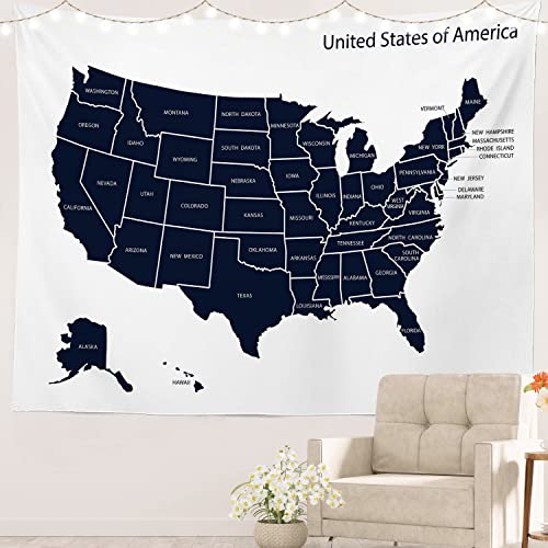 Batmerry Map USA America Tapestry, USA Map United States of America Travel Picnic Mat Beach Towel Wall Art Decoration for Bedroom Living Room Dorm, 51.2 x 59.1 Inches, Blue Map