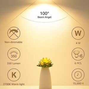 LE GU10 LED Light Bulbs Non-Dimmable, 2700K Soft Warm Light GU10 Bulb Replacement for Recessed Track Lighting, 4W LED Bulbs with 100°Flood Beam for Kitchen, Range Hood, Living Room, Bedroom, 6 Pack