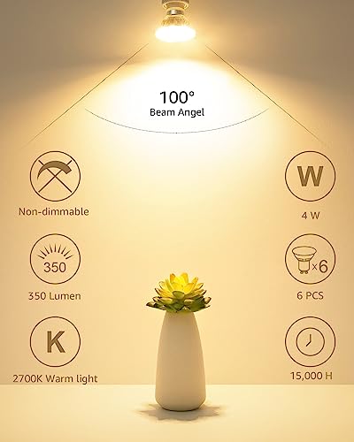 LE GU10 LED Light Bulbs Non-Dimmable, 2700K Soft Warm Light GU10 Bulb Replacement for Recessed Track Lighting, 4W LED Bulbs with 100°Flood Beam for Kitchen, Range Hood, Living Room, Bedroom, 6 Pack