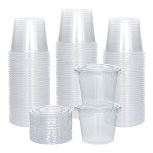 galashield [100 sets] 5.5 oz small plastic containers with lids, jello shot cups with lids, disposable portion cups, condiment containers with lids, souffle cups for sauce and dressing