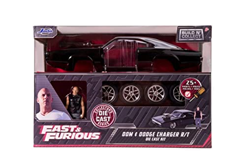 Jada Toys Fast & Furious Dom & Dodge Charger R/T, 1:24 Scale Build n' Collect Die-Cast Model Kit with 2.75" Die-Cast Figure, Black