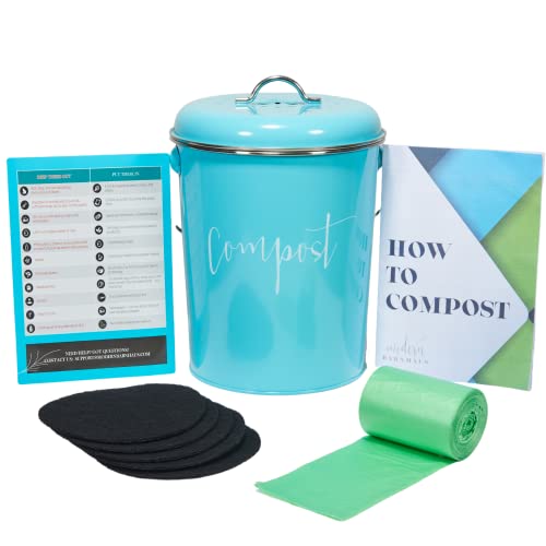 Compost Tumbler, Teal Kitchen Compost Bin Countertop, Indoor Compost Bin Kitchen, Compost Bucket Kitchen, Compost Bins, Compost Caddy, Counter Food Composter for Kitchen, Turquoise Compost Pail