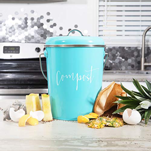 Compost Tumbler, Teal Kitchen Compost Bin Countertop, Indoor Compost Bin Kitchen, Compost Bucket Kitchen, Compost Bins, Compost Caddy, Counter Food Composter for Kitchen, Turquoise Compost Pail