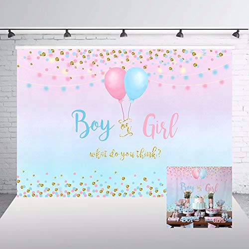 Boy or Girl Gender Reveal Backdrop Blue Pink Dots Balloon Photography Background 7x5ft Vinyl Gender Reveal Baby Shower Party Banner Backdrops W-1860