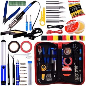 soldering iron kit - soldering iron 60w adjustable temperature, solder wire, soldering stand, wire cutter, solder tips, desoldering pump, wire cutter, solder paste, heatshrink tubes from plusivo