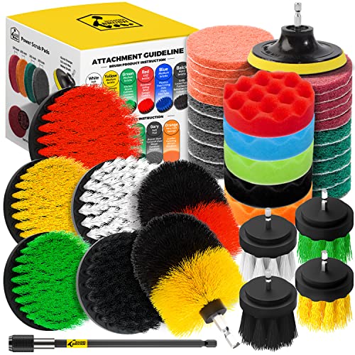 Holikme 38Piece Drill Brush Attachments Set, Scrub Pads & Sponge, Buffing Pads,Car Polishing Pad Kit，Power Scrubber Brush with Extend Long Attachment