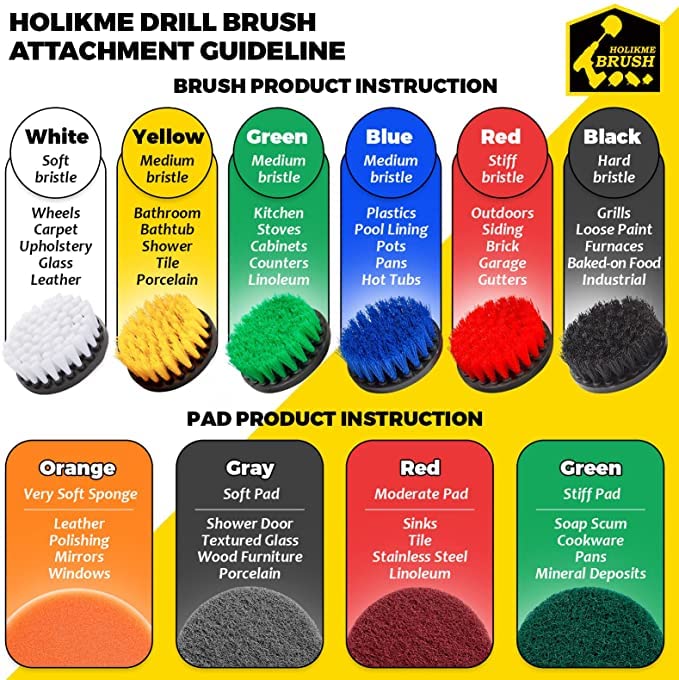 Holikme 38Piece Drill Brush Attachments Set, Scrub Pads & Sponge, Buffing Pads,Car Polishing Pad Kit，Power Scrubber Brush with Extend Long Attachment