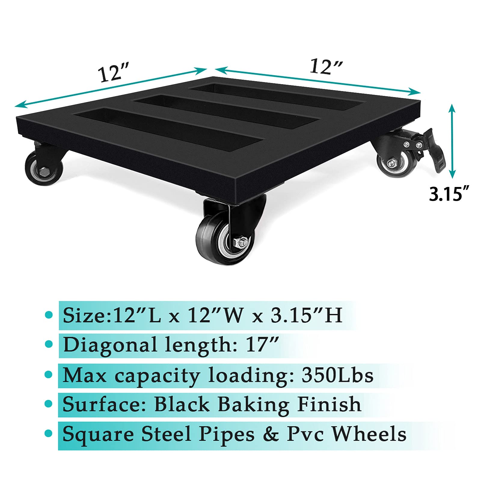 JzNova 12" Heavy Duty Metal Plant Stand with Wheels, Square Iron Plant Caddy on Wheels - Outdoor Flower Pot Rack on Rollers - Indoor Dolly Holder Rolling Tray Coaster, Fully Assembled, Black