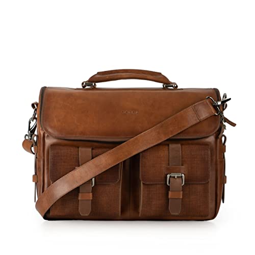 VELEZ Tan Full Grain Leather Messenger Bag for Men - 15 inch Laptop Briefcase - Mens Vintage Shoulder Satchel Business Crossbody Travel Work Computer Bags