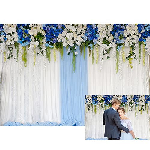 Baocicco Polyester 7x5ft Blue White Flowers Leaves Hangings Backdrop Floral Decor Photography Background Blue White Curtain Wedding Ceremony Valentine's Day Wallpaper Decor Photo Props