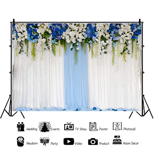 Baocicco Polyester 7x5ft Blue White Flowers Leaves Hangings Backdrop Floral Decor Photography Background Blue White Curtain Wedding Ceremony Valentine's Day Wallpaper Decor Photo Props