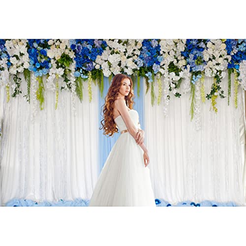 Baocicco Polyester 7x5ft Blue White Flowers Leaves Hangings Backdrop Floral Decor Photography Background Blue White Curtain Wedding Ceremony Valentine's Day Wallpaper Decor Photo Props