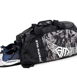 Gym Maniac Gym Bag with Shoe Compartment for Men and Women - Versatile Design Doubles as a Duffle, Backpack, Overnight and Crossbody - Workout Gear and Sports Accessories - Football, Cheer, Wrestling