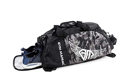 Gym Maniac Gym Bag with Shoe Compartment for Men and Women - Versatile Design Doubles as a Duffle, Backpack, Overnight and Crossbody - Workout Gear and Sports Accessories - Football, Cheer, Wrestling