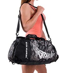 Gym Maniac Gym Bag with Shoe Compartment for Men and Women - Versatile Design Doubles as a Duffle, Backpack, Overnight and Crossbody - Workout Gear and Sports Accessories - Football, Cheer, Wrestling