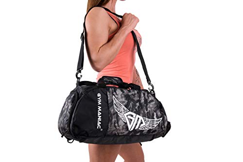 Gym Maniac Gym Bag with Shoe Compartment for Men and Women - Versatile Design Doubles as a Duffle, Backpack, Overnight and Crossbody - Workout Gear and Sports Accessories - Football, Cheer, Wrestling