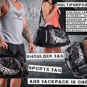 Gym Maniac Gym Bag with Shoe Compartment for Men and Women - Versatile Design Doubles as a Duffle, Backpack, Overnight and Crossbody - Workout Gear and Sports Accessories - Football, Cheer, Wrestling