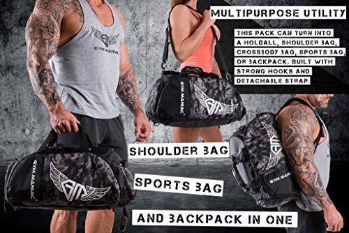 Gym Maniac Gym Bag with Shoe Compartment for Men and Women - Versatile Design Doubles as a Duffle, Backpack, Overnight and Crossbody - Workout Gear and Sports Accessories - Football, Cheer, Wrestling