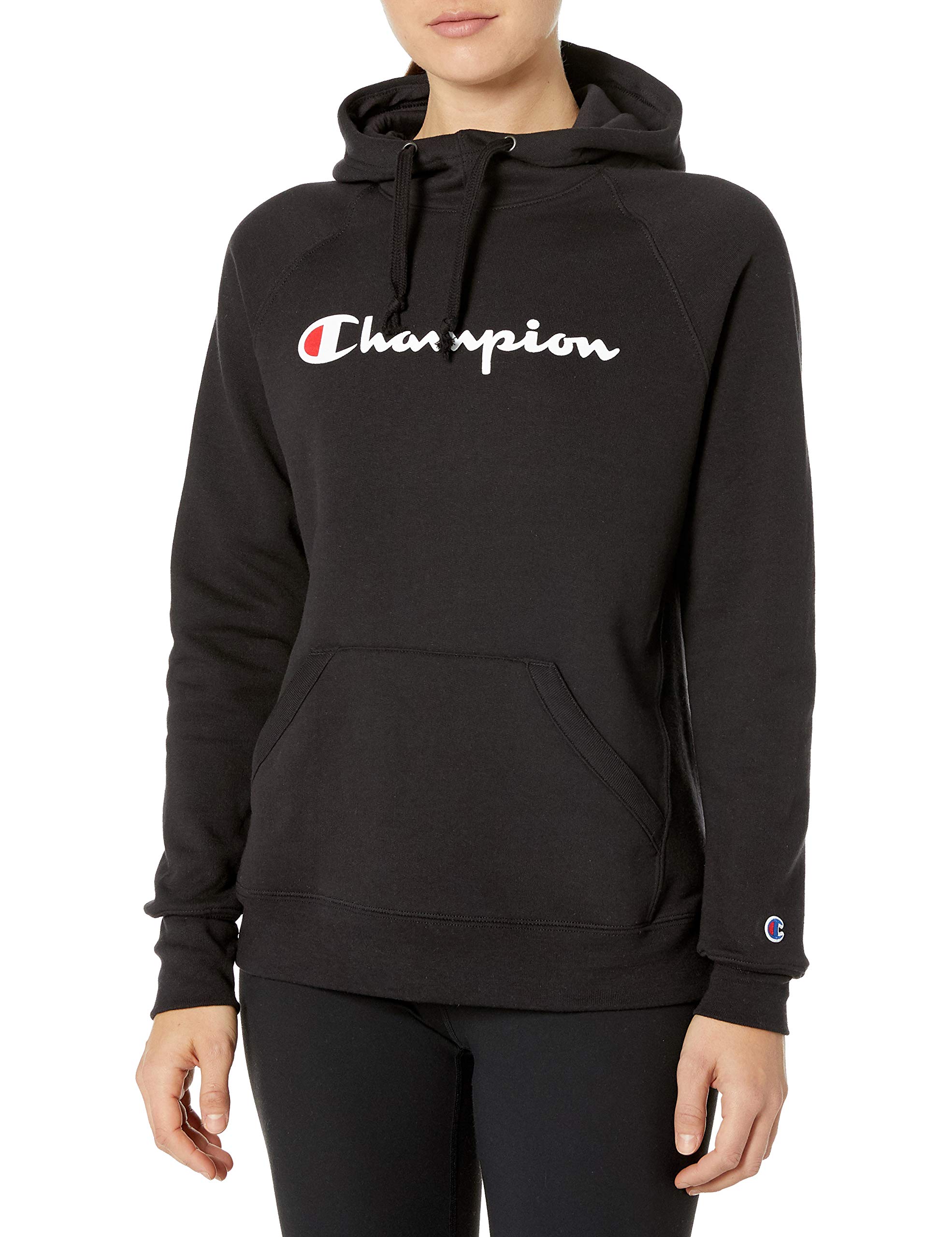 Champion womens Classic Script Logo, Powerblend Fleece Hoodie Hooded Sweatshirt, Black-y08113, Medium US