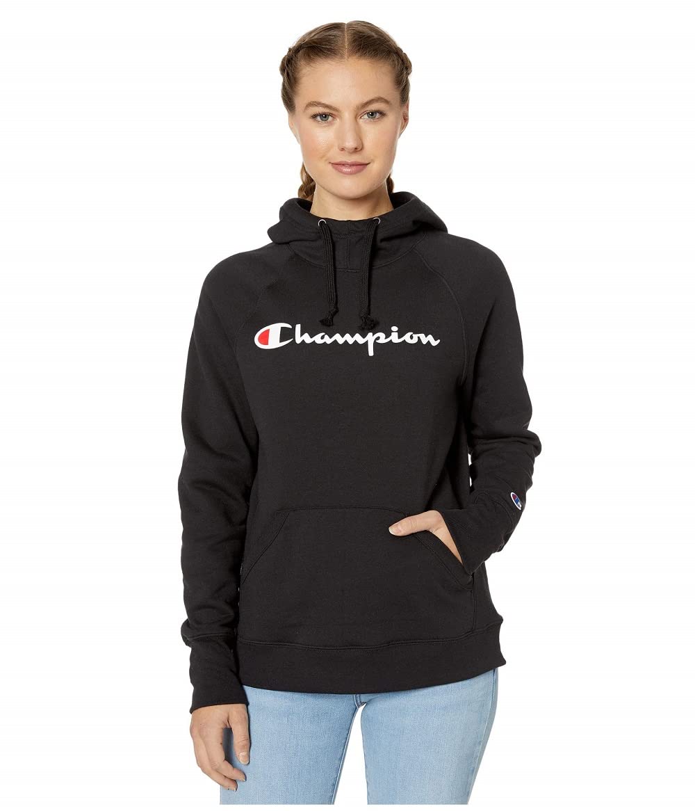 Champion womens Classic Script Logo, Powerblend Fleece Hoodie Hooded Sweatshirt, Black-y08113, Medium US