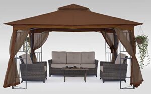 mastercanopy patio outdoor gazebo with netting screen walls and corner shelf design (11x13,brown)