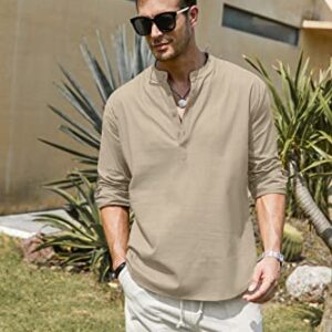 COOFANDY Mens Cotton Linen Henley Hippie Casual Beach T Shirt, Khaki, Medium, Long Sleeve