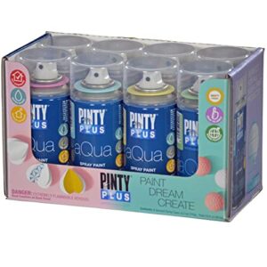 pintyplus aqua spray paint - art set of 8 water based 4.2oz mini spray paint cans. ultra matte finish. perfect for arts & crafts. spray paint set works on plastic, metal, wood, cardboard