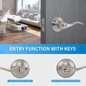 Front Door Handles with Keys and Locks Satin Nickel Finish, Keyed Alike Entry Door Levers One Keyway Lockset for Interior Bedroom Bathroom or Exterior Doors, Home/Office Use, Pack of 3