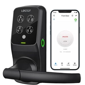 lockly secure plus latch, bluetooth smart lock with handle, keyless entry door lock, pin genie® keypad, 3d biometric fingerprint sensor, auto lock - matte black (pgd628fmb)